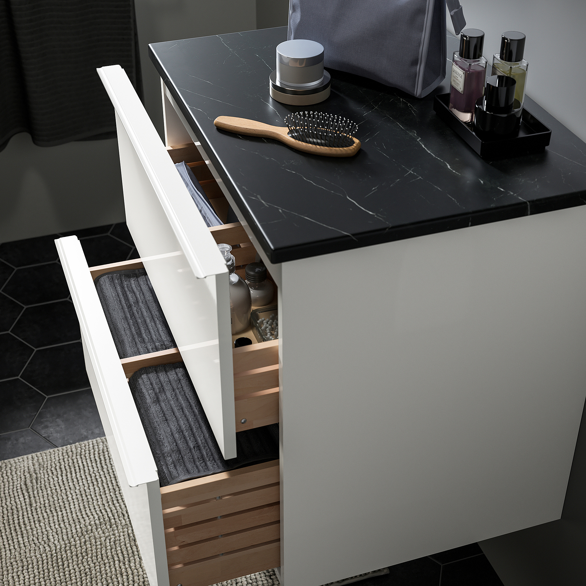 TOLKEN/GODMORGON wash-stand with 2 drawers high-gloss white/black ...