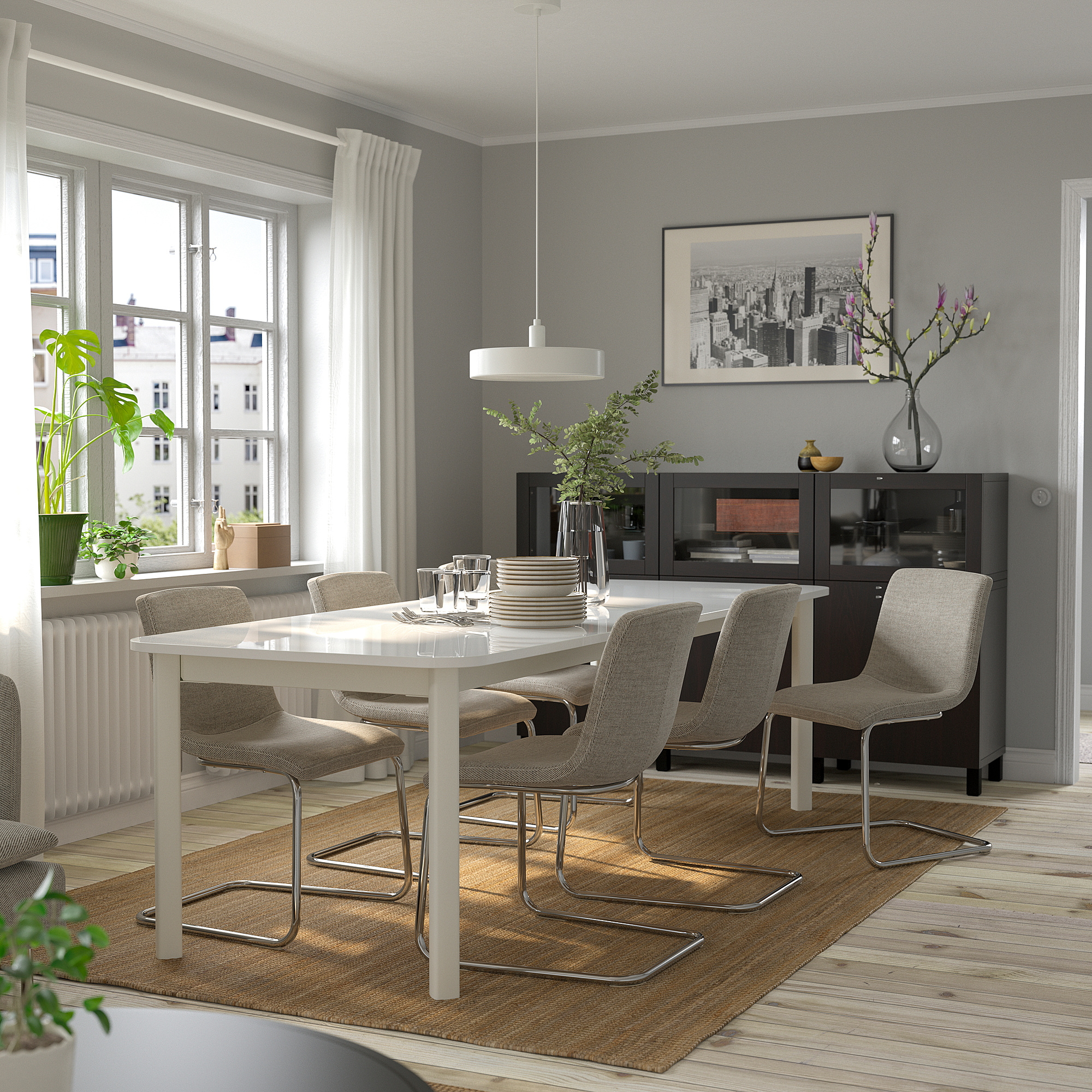 LUSTEBO STRANDTORP table and 6 chairs white chrome plated Viarp beige brown IKEA Lietuva