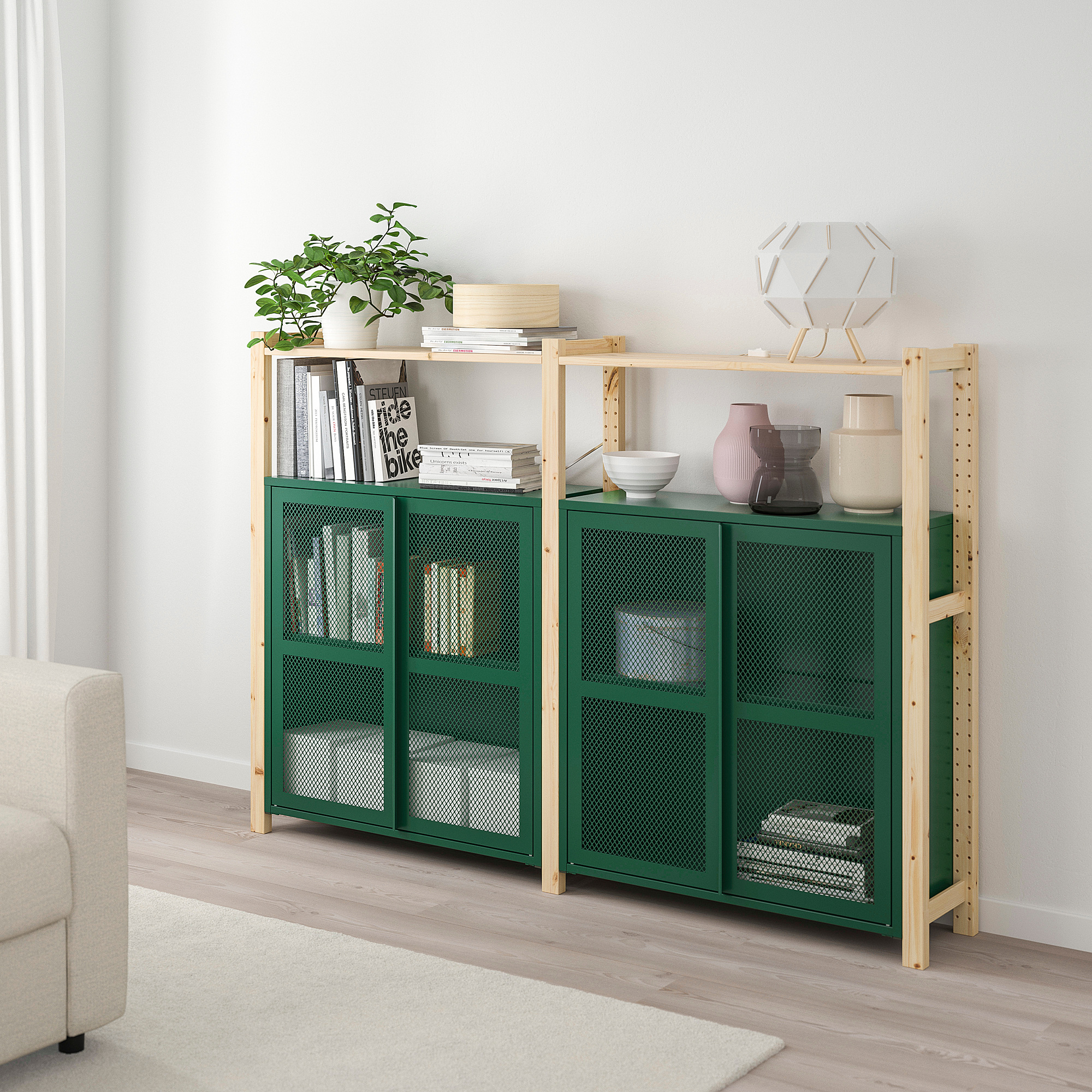 IVAR 2 sections/shelves/cabinets pine/green mesh 175x30x124 cm | IKEA Eesti