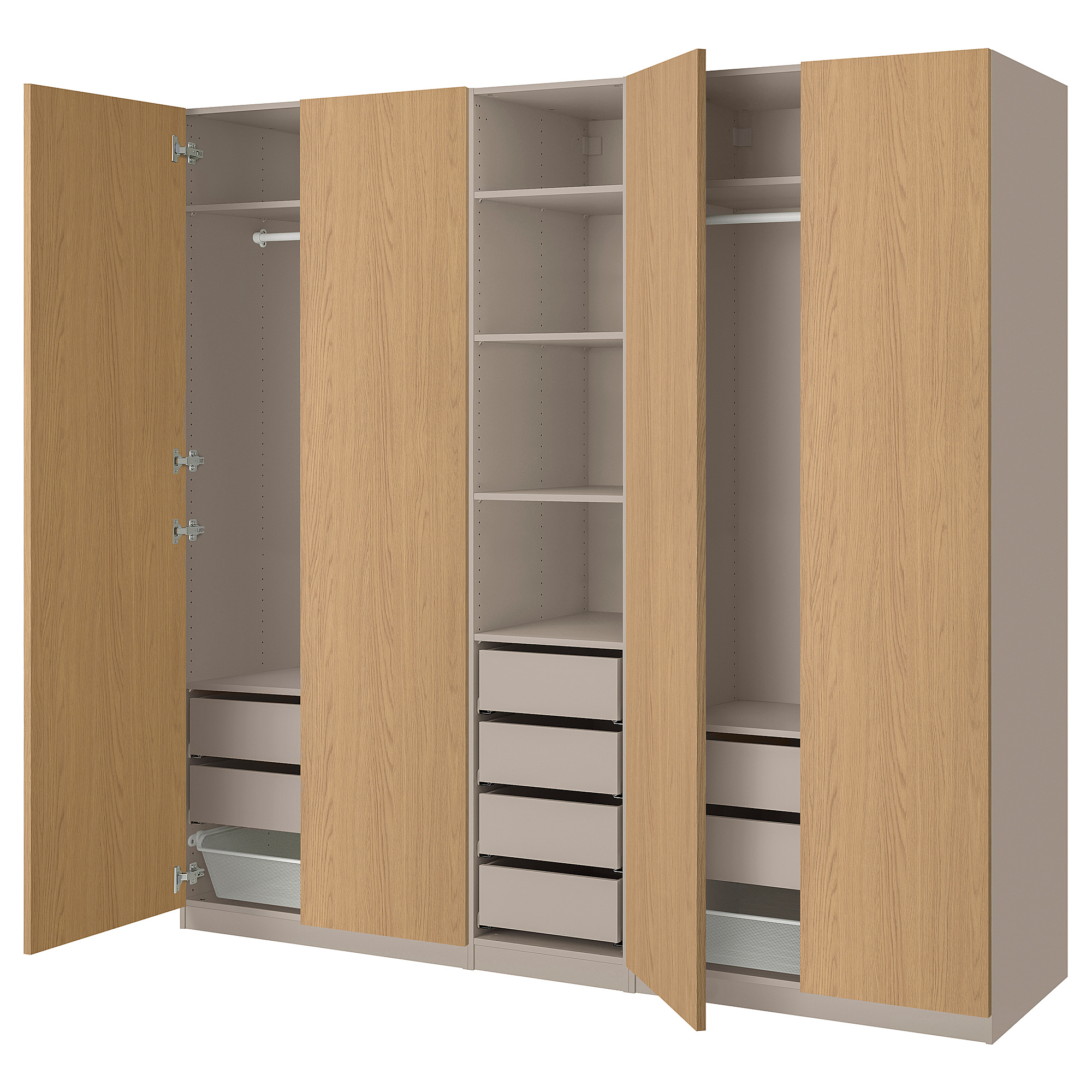 PAX/STORKLINTA wardrobe combination grey-beige/oak effect 250x58x236 cm ...