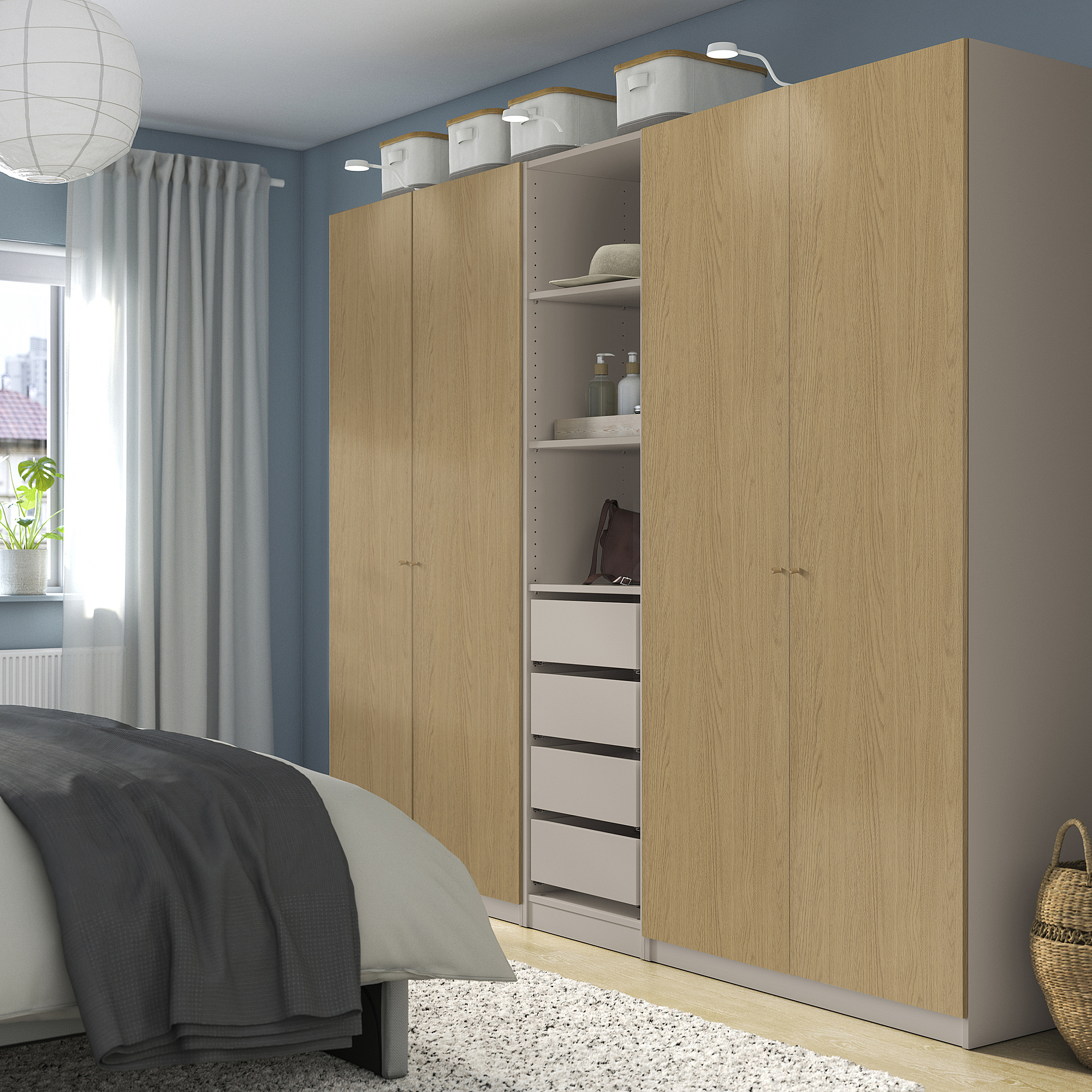 PAX/STORKLINTA wardrobe combination grey-beige/oak effect 250x58x201 cm ...